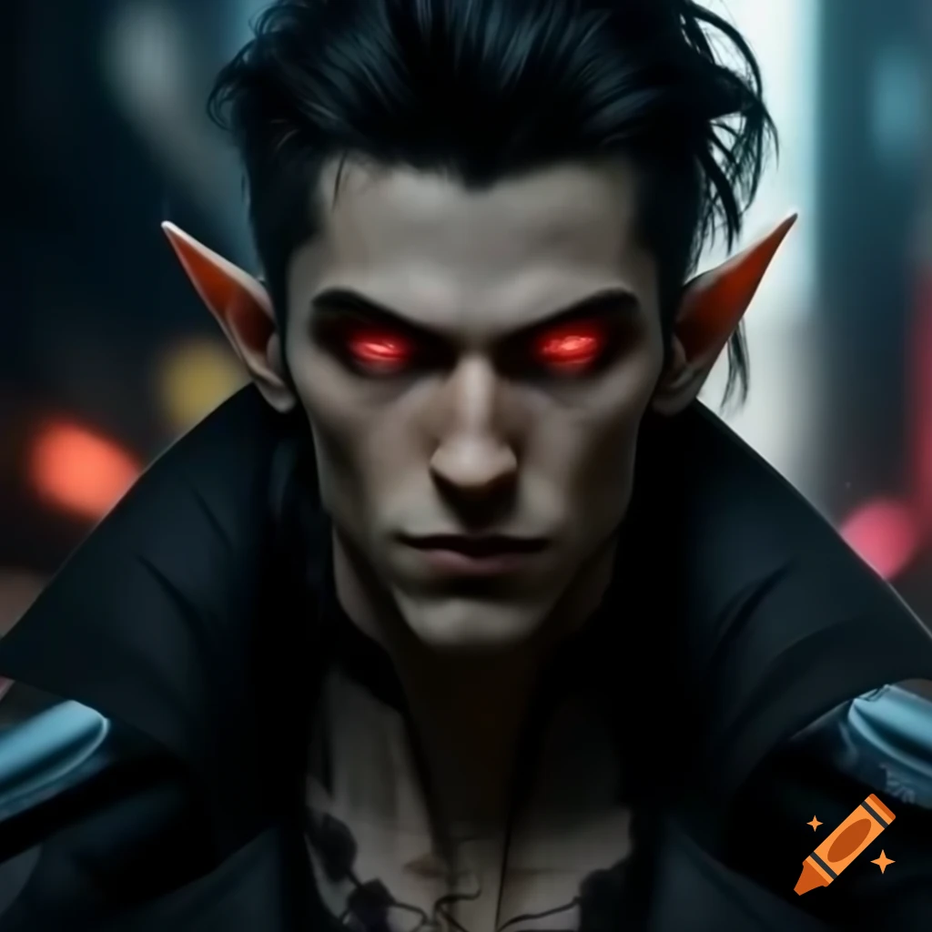 Cyberpunk elf with black trenchcoat and heterochromia, one glowing red ...