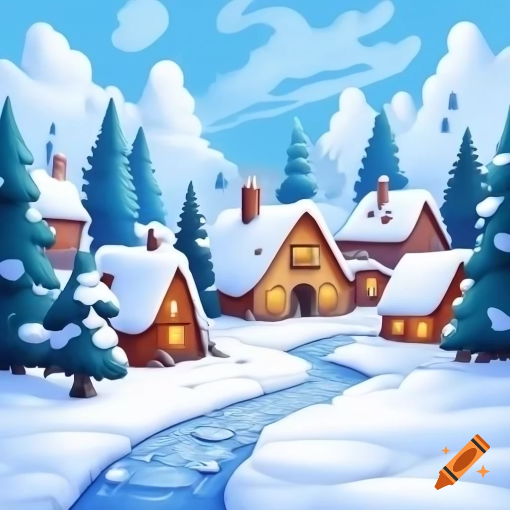 Cartoon illustration of snow-covered village with cozy cottages and ...