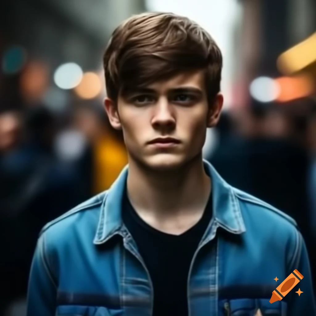 Calm man in denim jacket standing in busy city street surrounded by ...