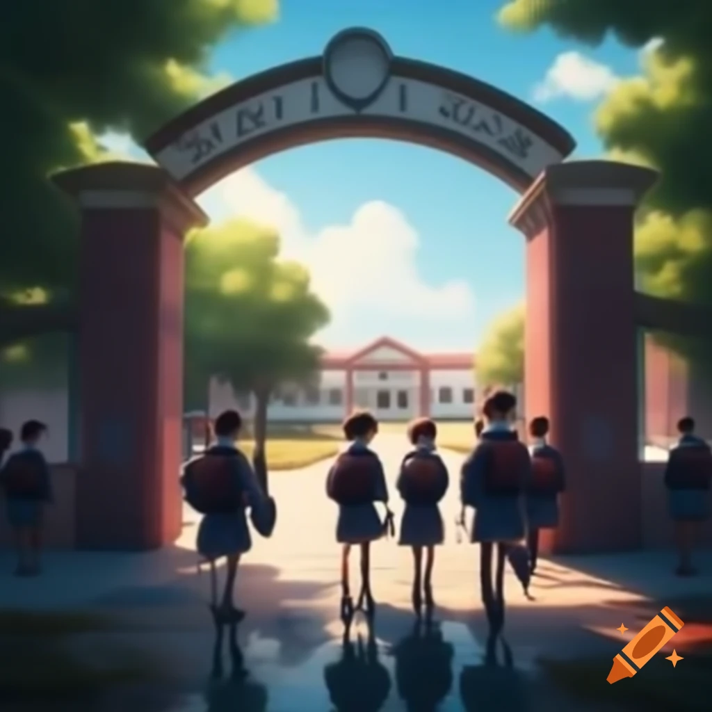 Welcoming school gate with archway and eager students on Craiyon