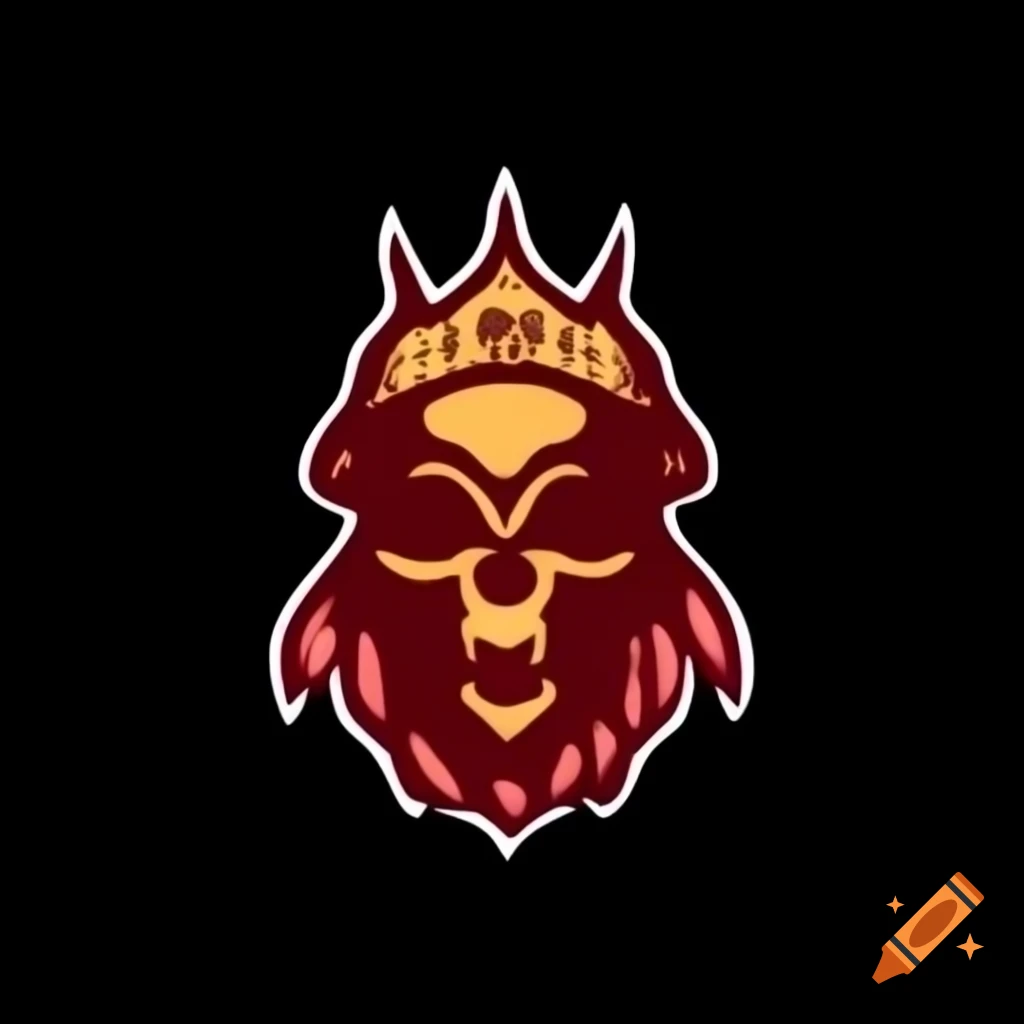 Logo of undead ghoul with inverted crown in warm red and gold colors ...