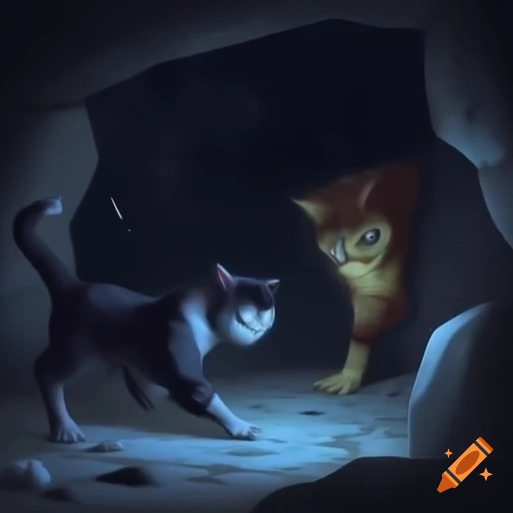 Two cats confronting each other in a dimly lit cave with moonlight on ...