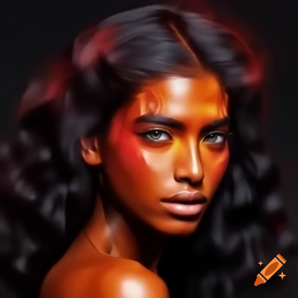 Photorealistic headshot of a female supermodel with amber-bronzed skin and dark curls on Craiyon