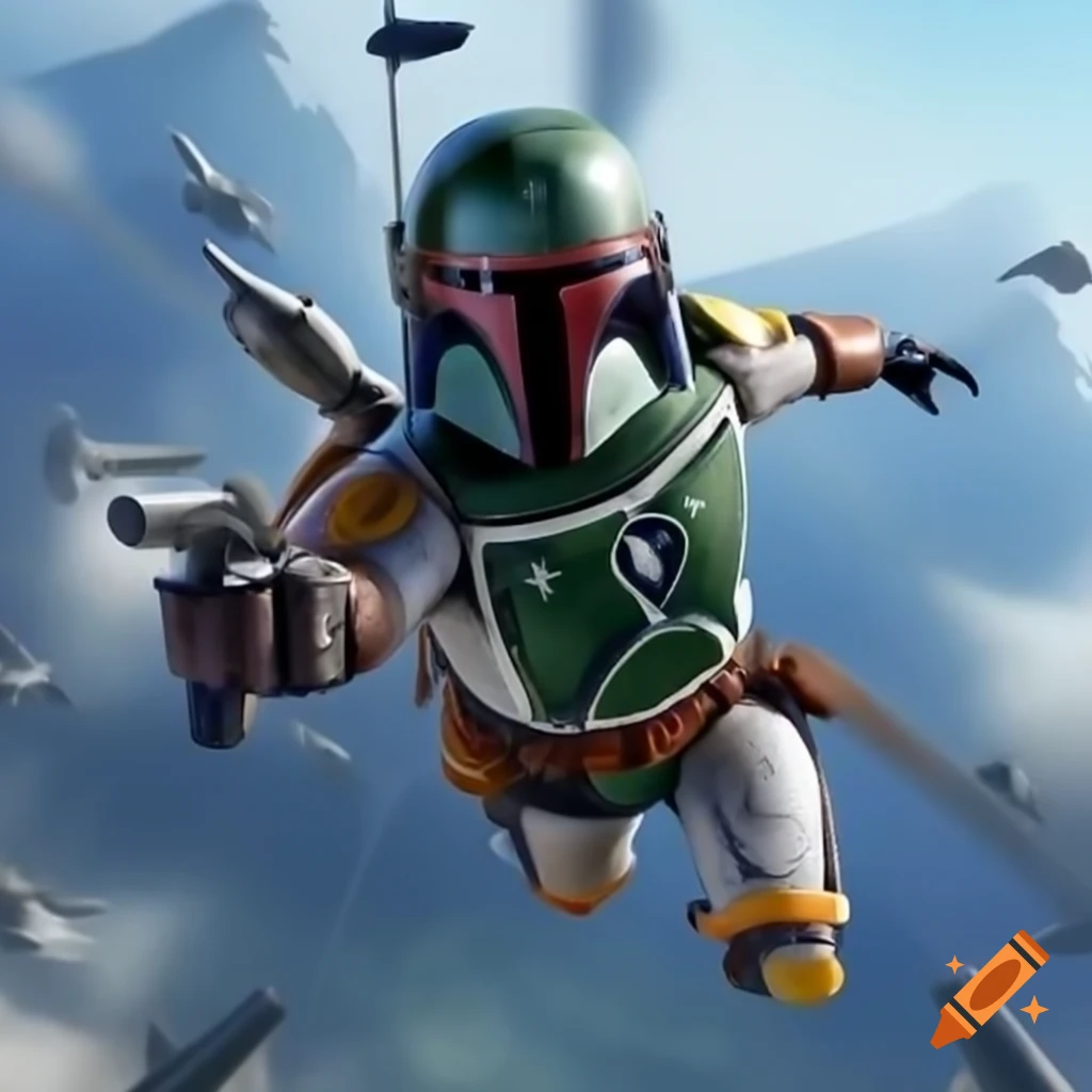 Boba Fett flying with jet pack and dual pistols on Craiyon