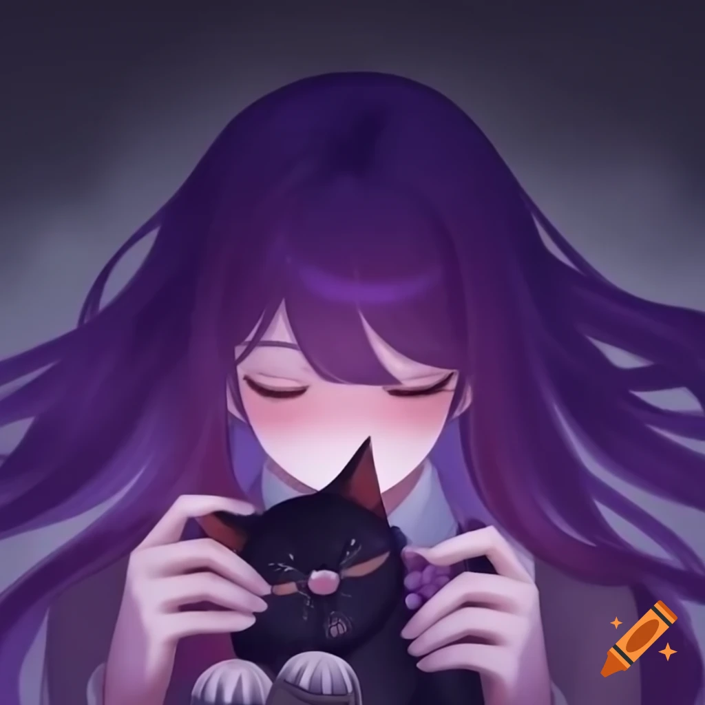 Yuri from doki doki literature club cradling a calico cat in quiet ...