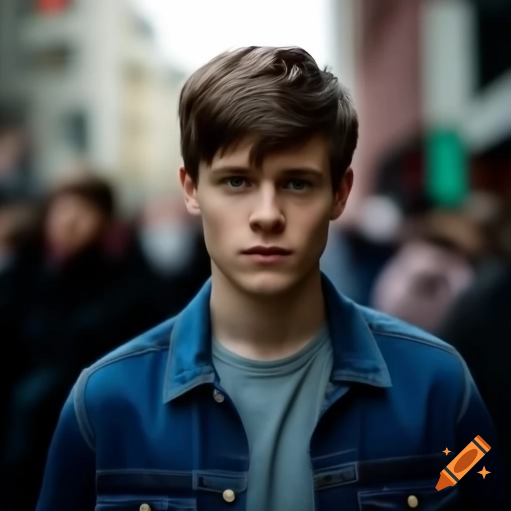 Calm man in denim jacket standing in busy city street surrounded by ...