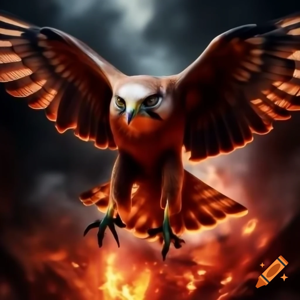 Fiery red and black flying hawk, dramatic and intense on Craiyon