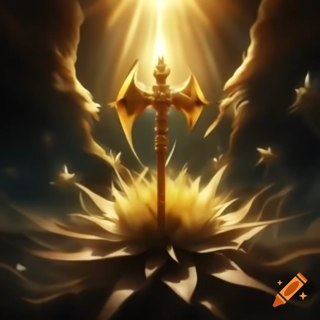Celestial battle-axe with radiant golden blade pulsating with divine ...