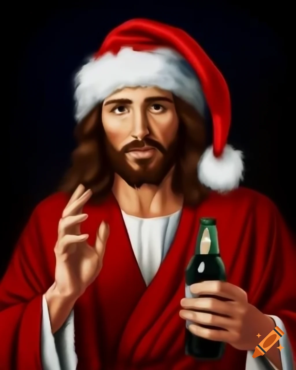 Old master style painting of Jesus Christ in red robe and Santa hat ...