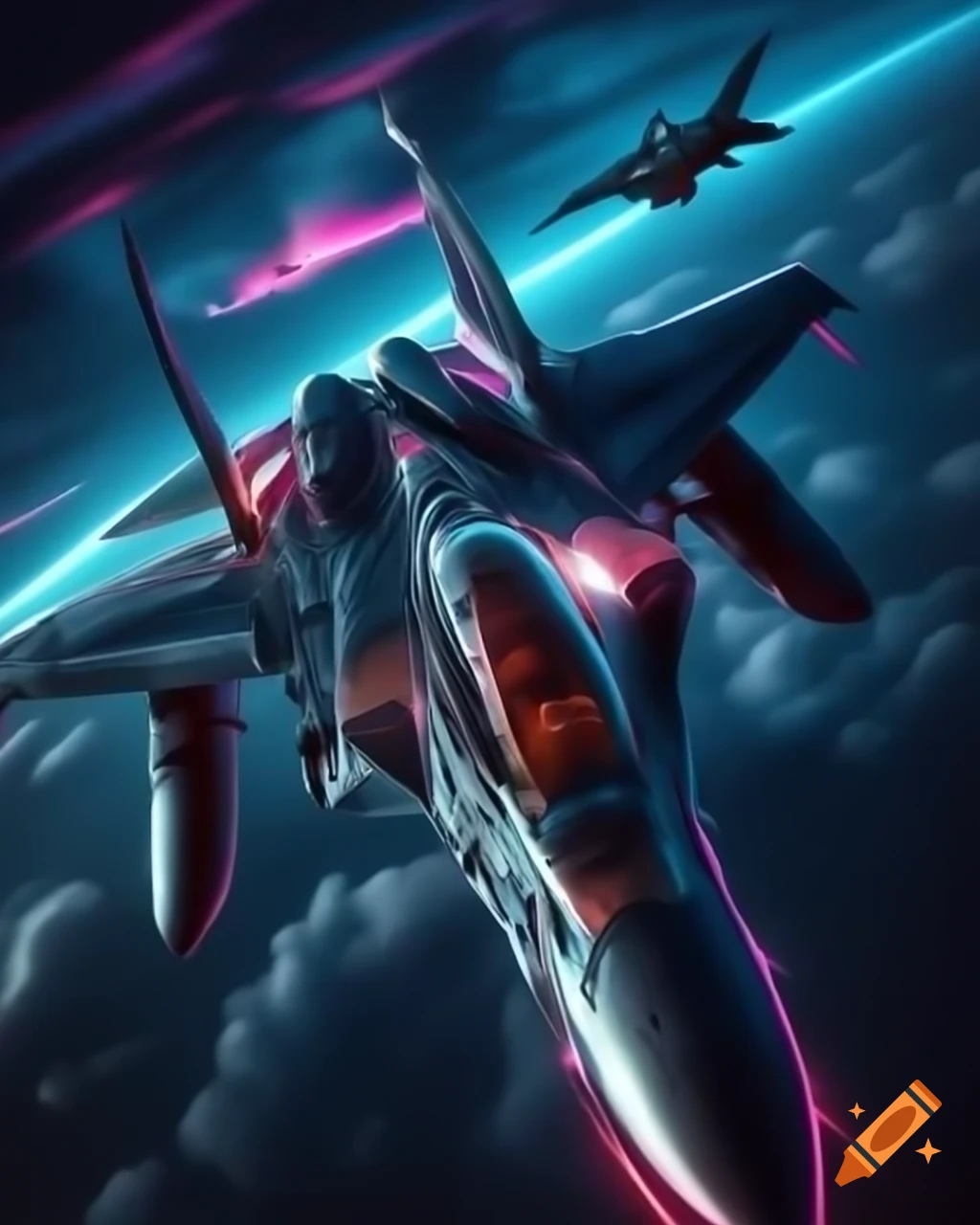 Chrome falcon soaring in neon skies, piloting fighter jet in cyberpunk ...