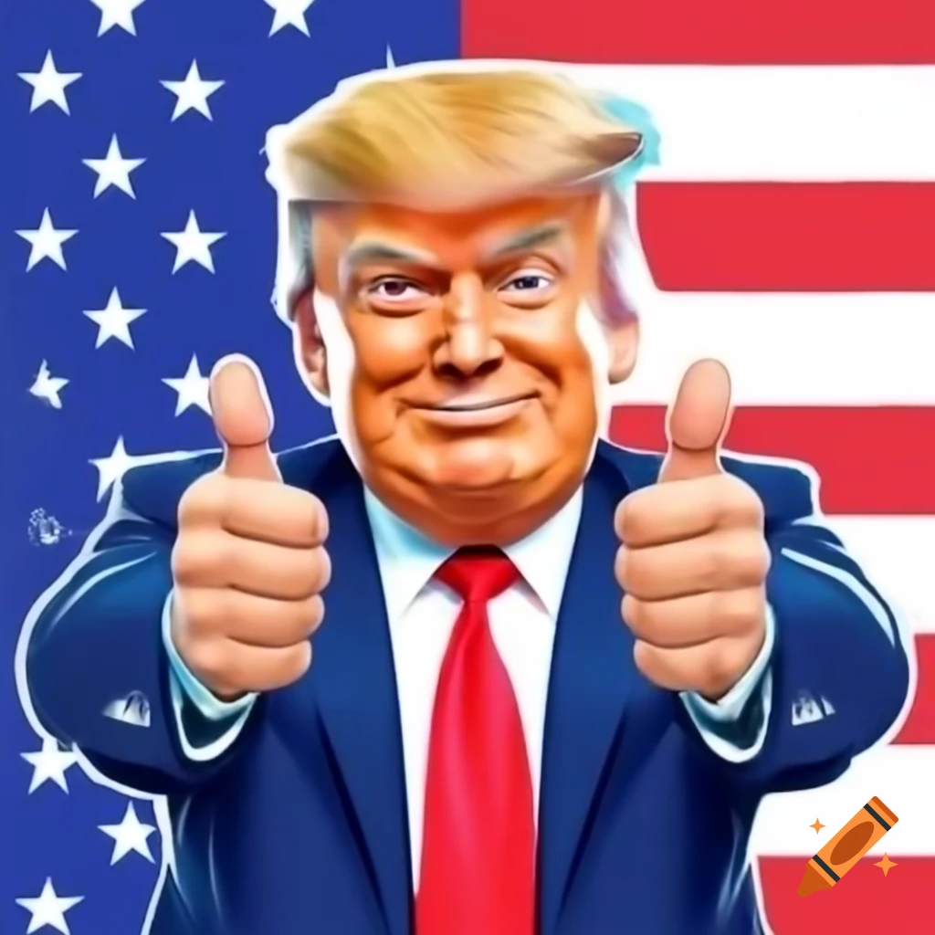 Cartoon of donald trump giving thumbs up in front of us flag on Craiyon