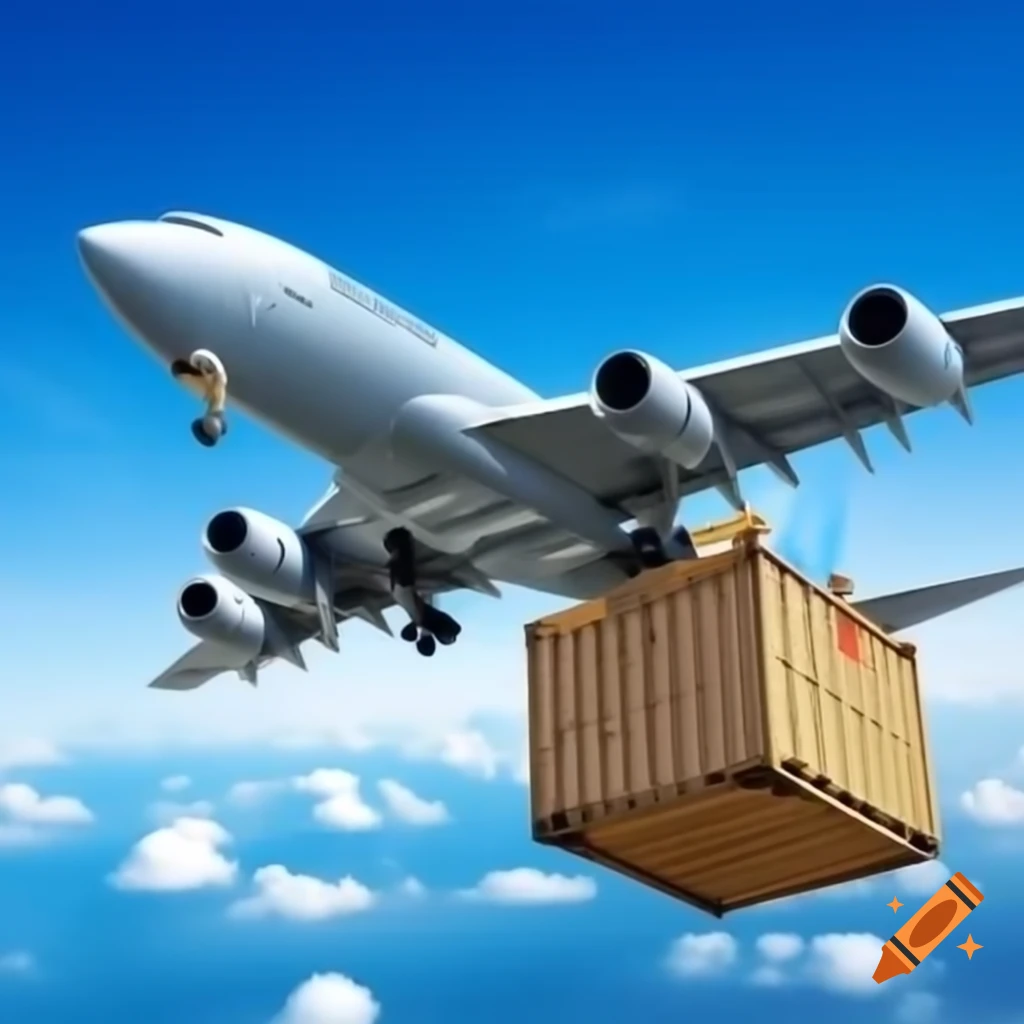 Military airplane dropping crate from cargo bay in clear blue skies on ...