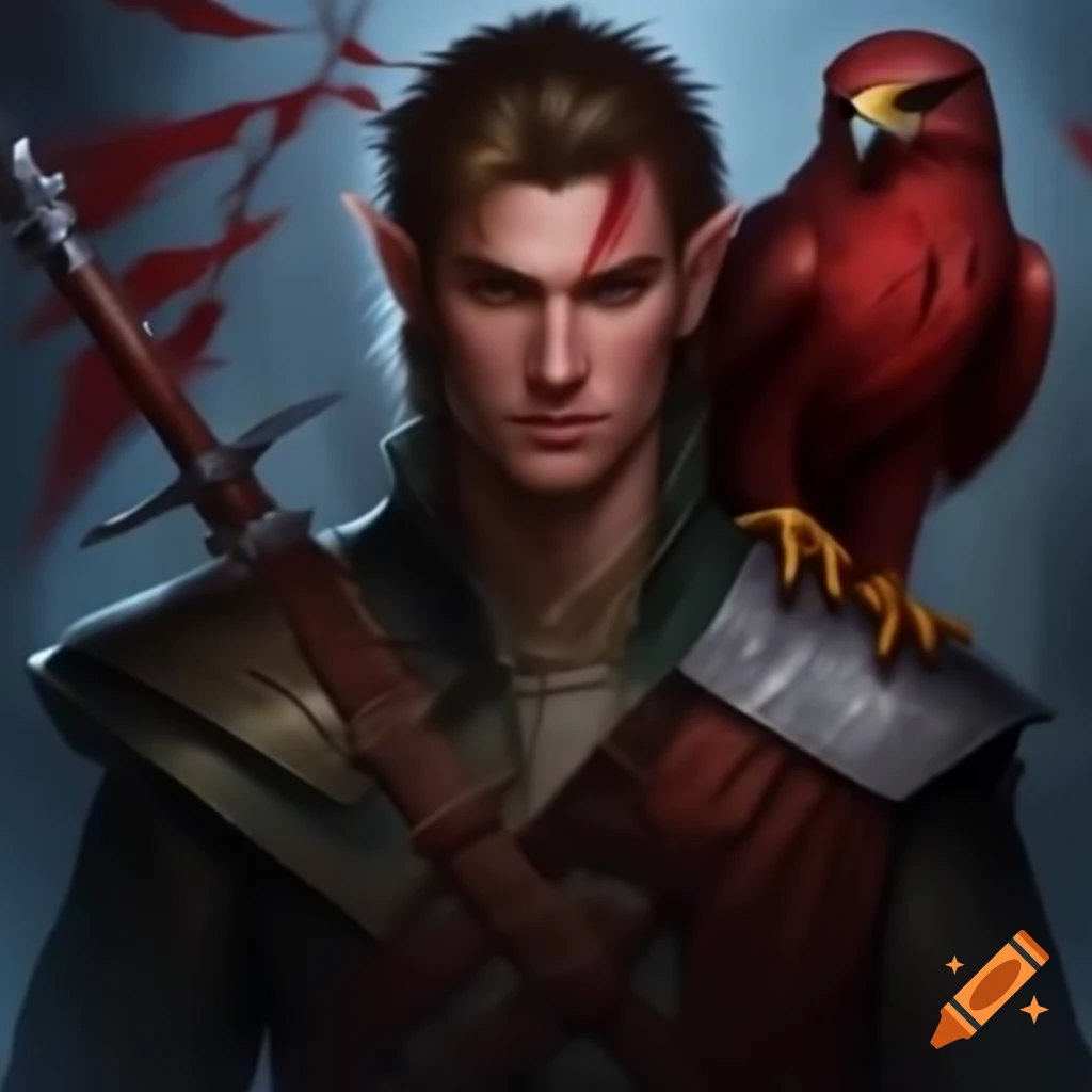 Male high elf ranger accompanied by blood hawk on Craiyon