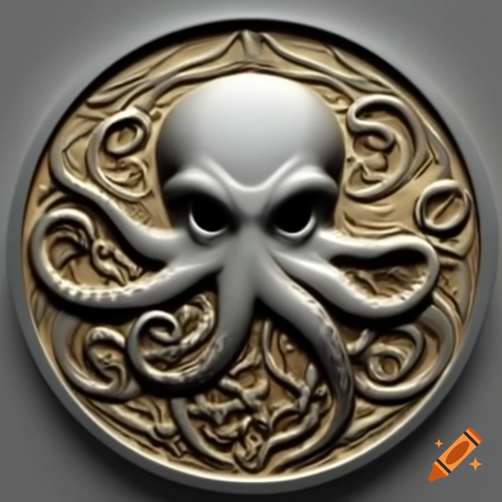 High relief coin featuring symmetrical octopus design with tentacles on ...