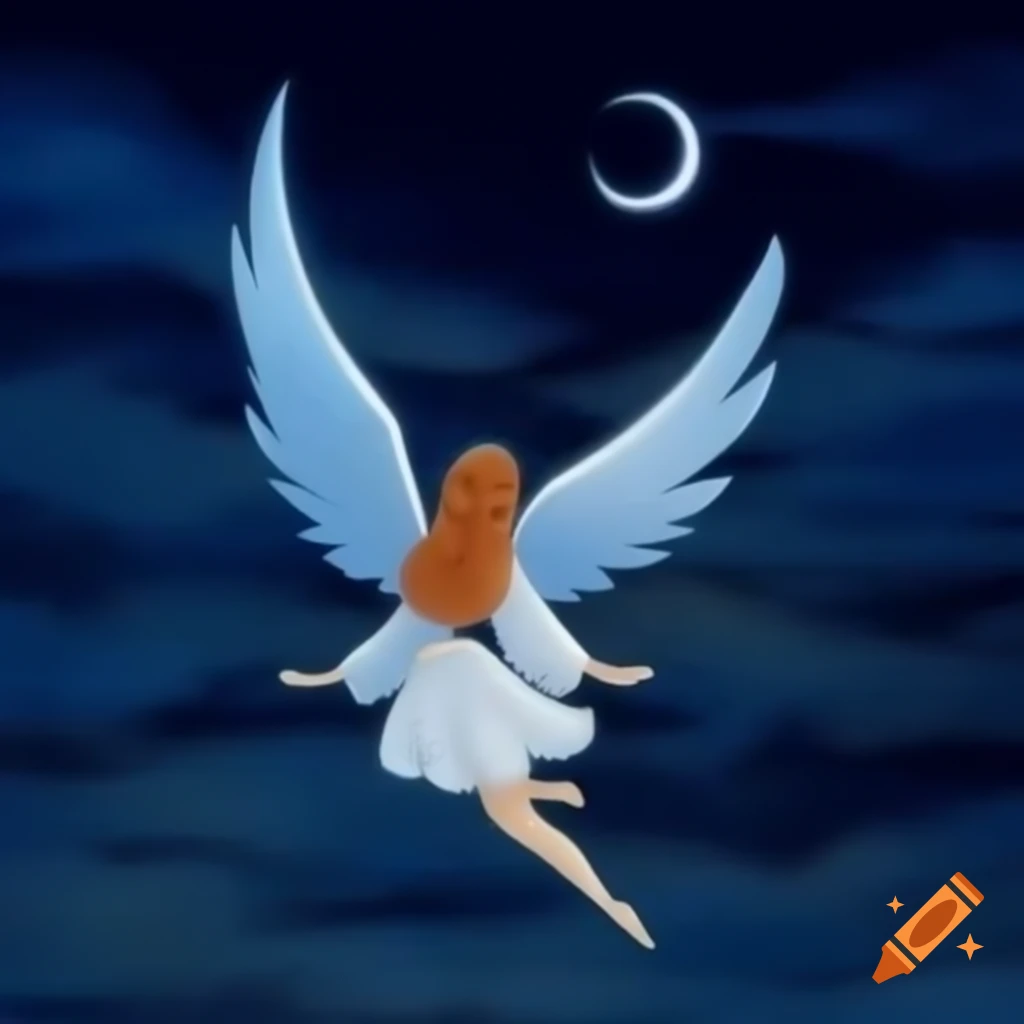 Realistic anime style female angel descending in moonlight on Craiyon