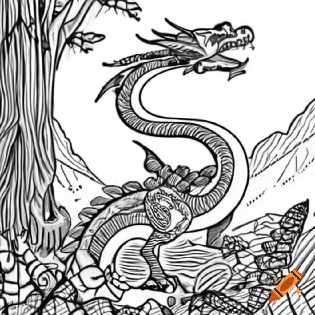 Black and white line drawing of a slender dragon camouflaged in forest ...