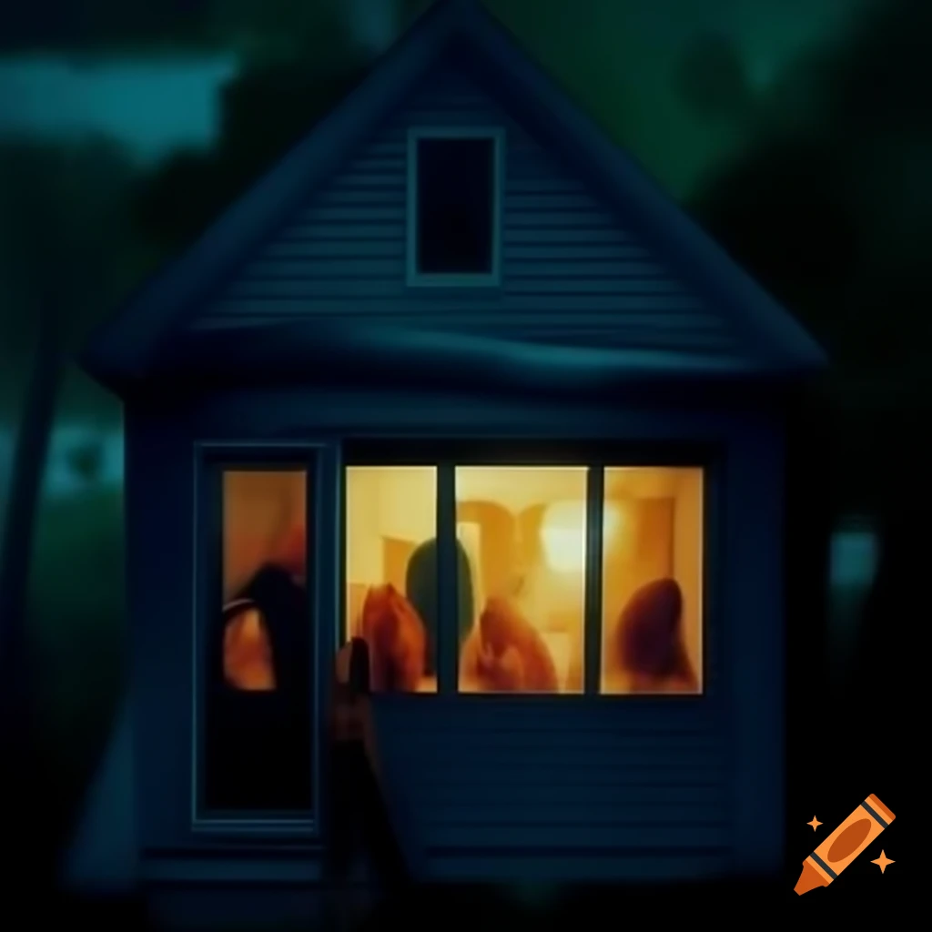 Exterior view of house with people inside during nighttime on Craiyon