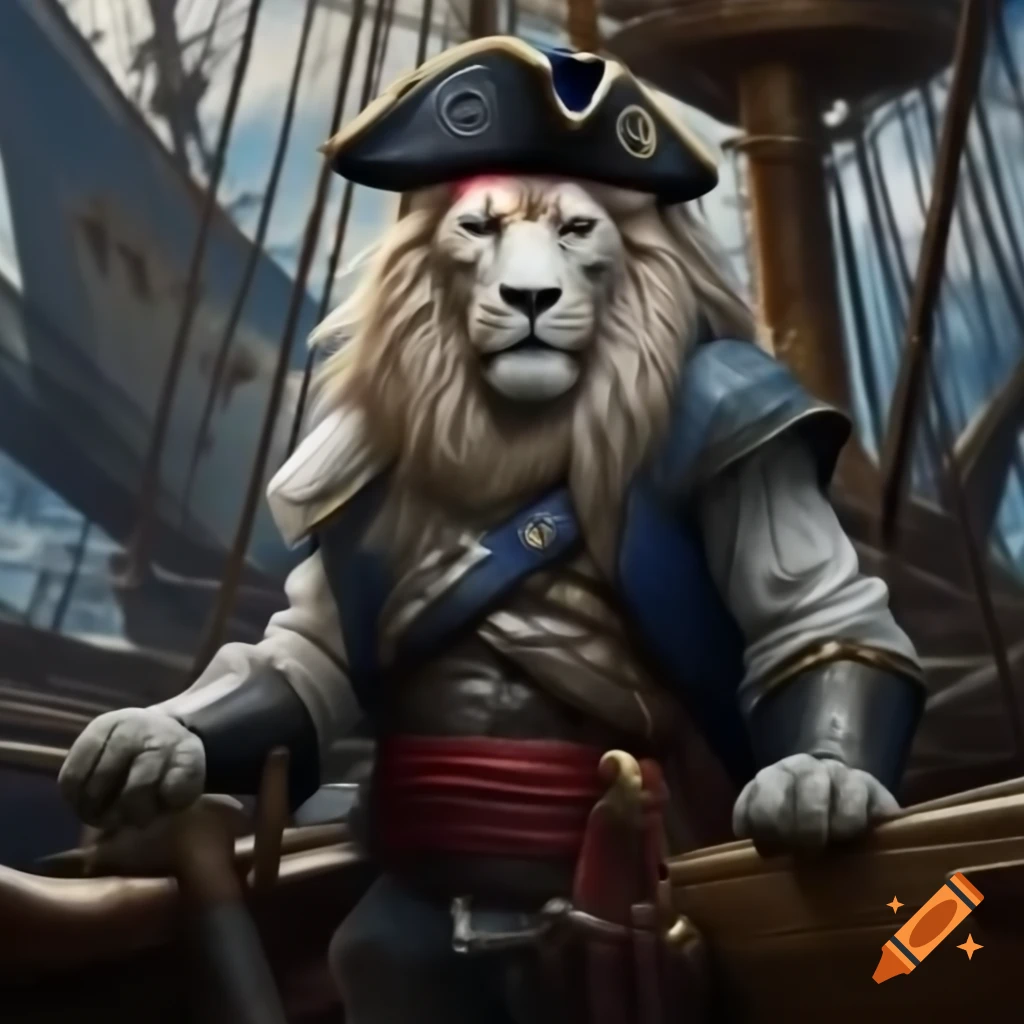 White lion pirate captain on galleon deck surveying kingdom on Craiyon