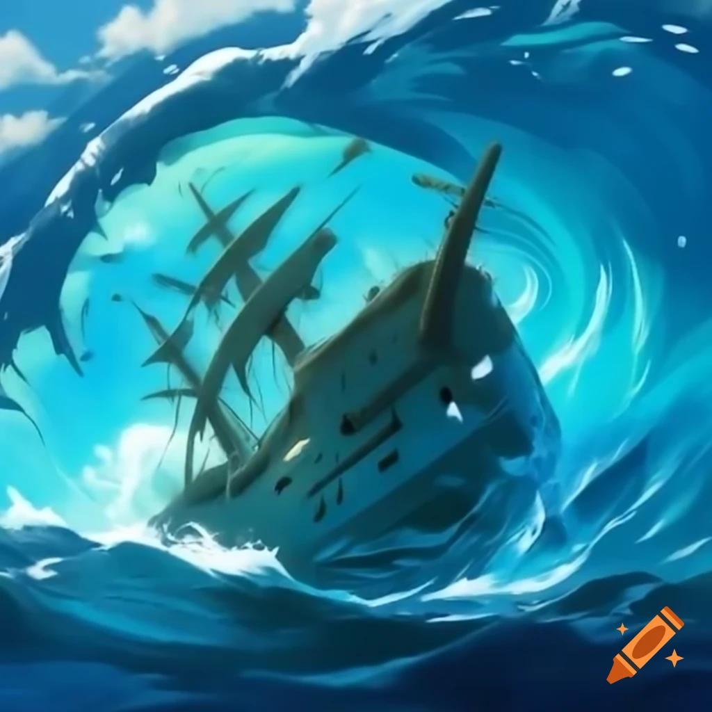 Ship sinking in high ocean waves, bright blue colors on Craiyon