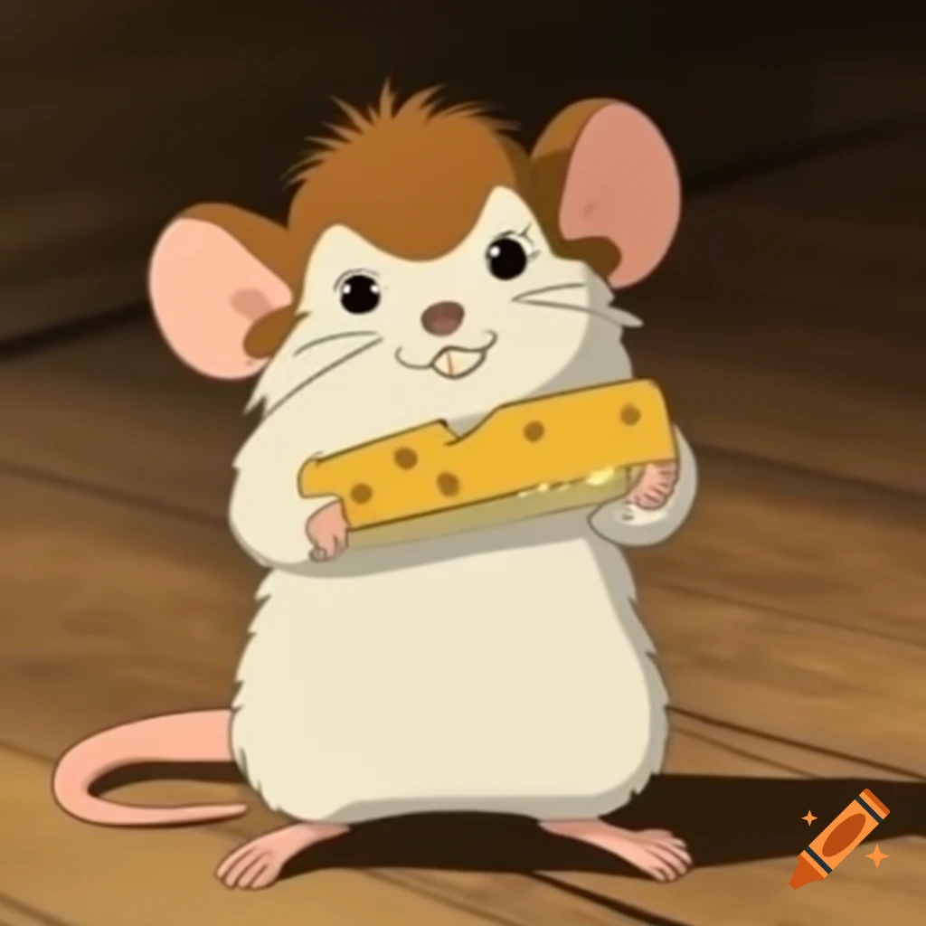 Fluffy brown and white mouse in studio ghibli style holding cheese on ...