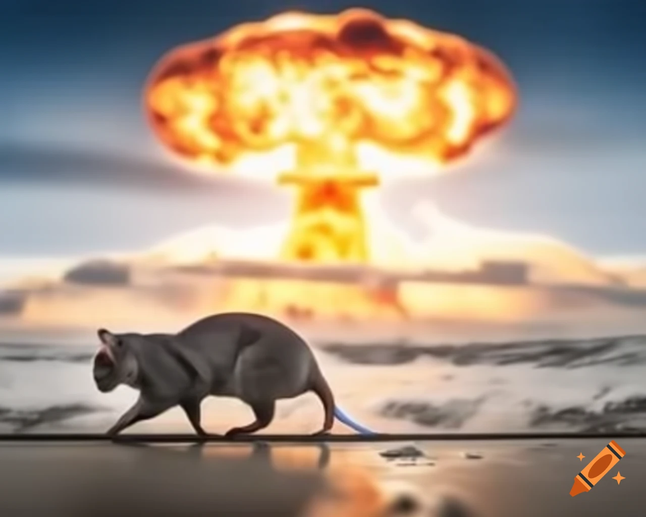 Gray kitty named Mouse walking on sandy beach with nuclear explosion ...