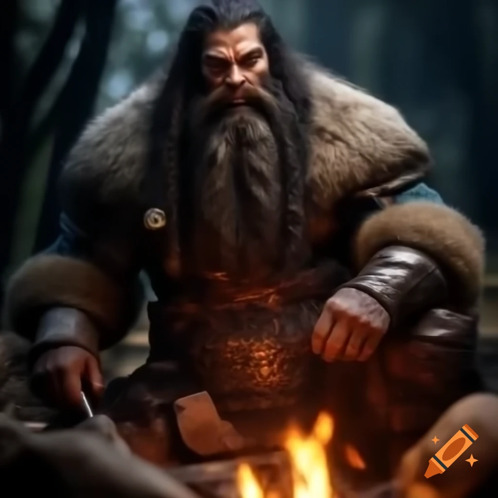 Muscled barbarian in fur cloak roasting rabbit on campfire on Craiyon