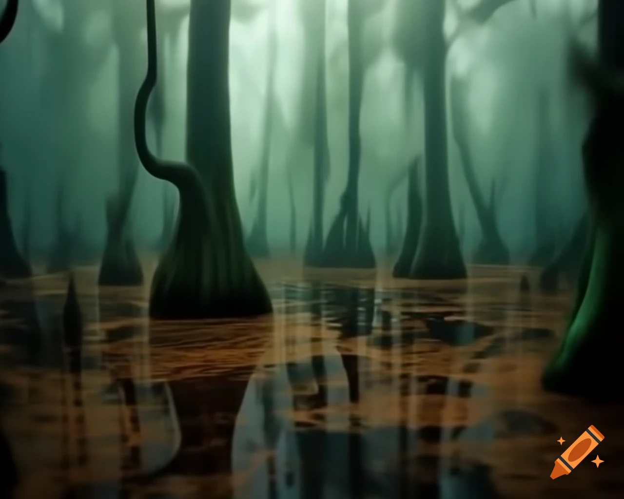 Panoramic view of dark swamp landscape with rust-colored waters and low ...