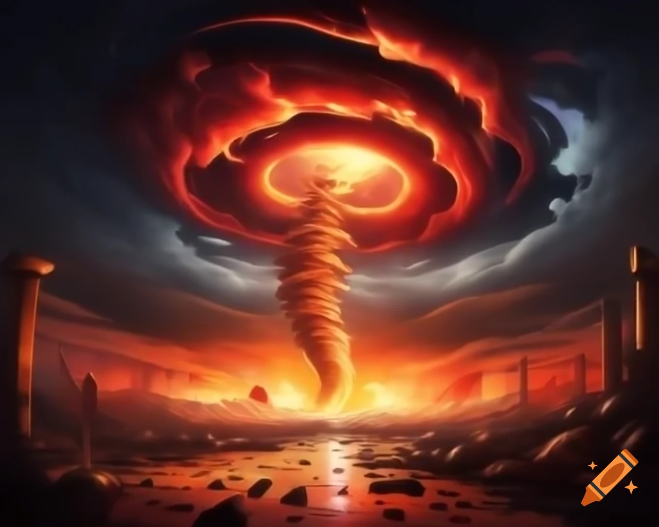 Dramatic fire tornado spell in a fiery storm with swirling flames and ...
