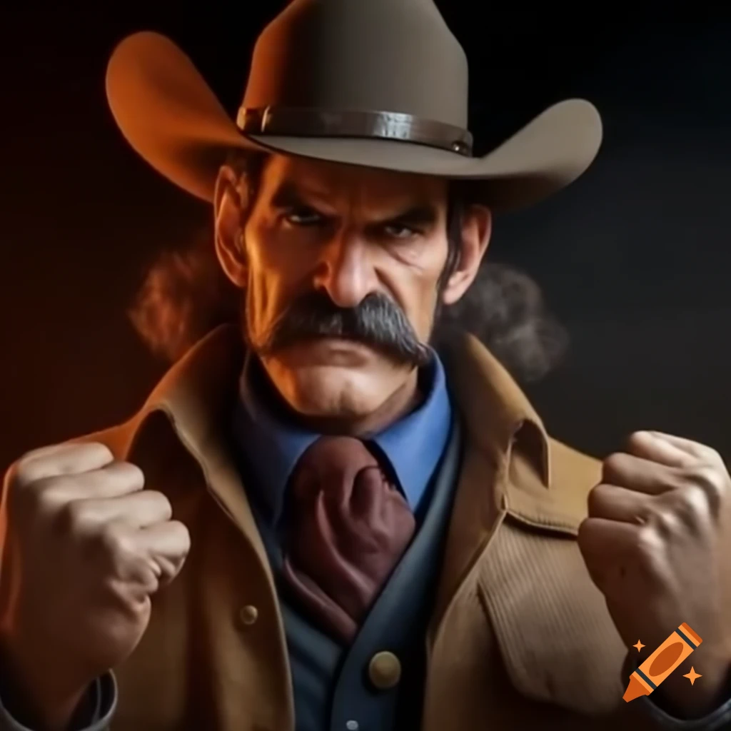 Short stocky white man in western theme with determined expression on ...