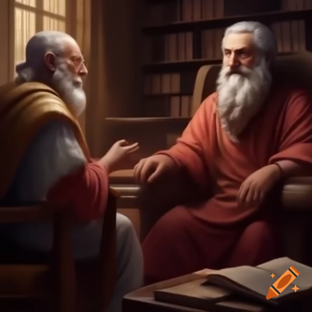 Two ancient philosophers discussing in a room filled with books on Craiyon