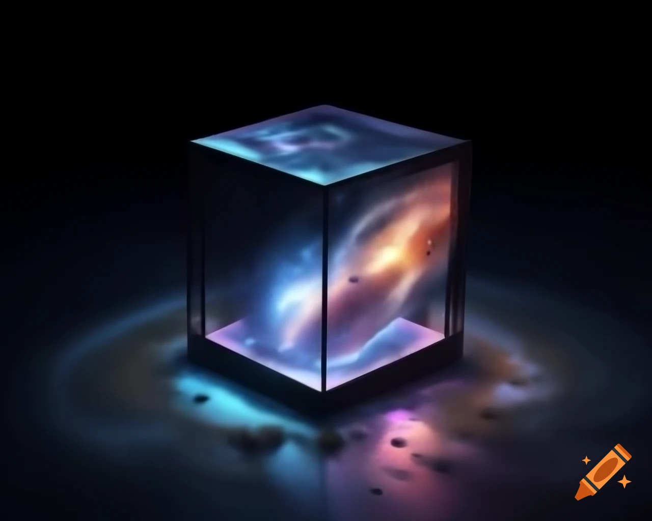 Square glass box in black void containing galaxy fragment with stars ...