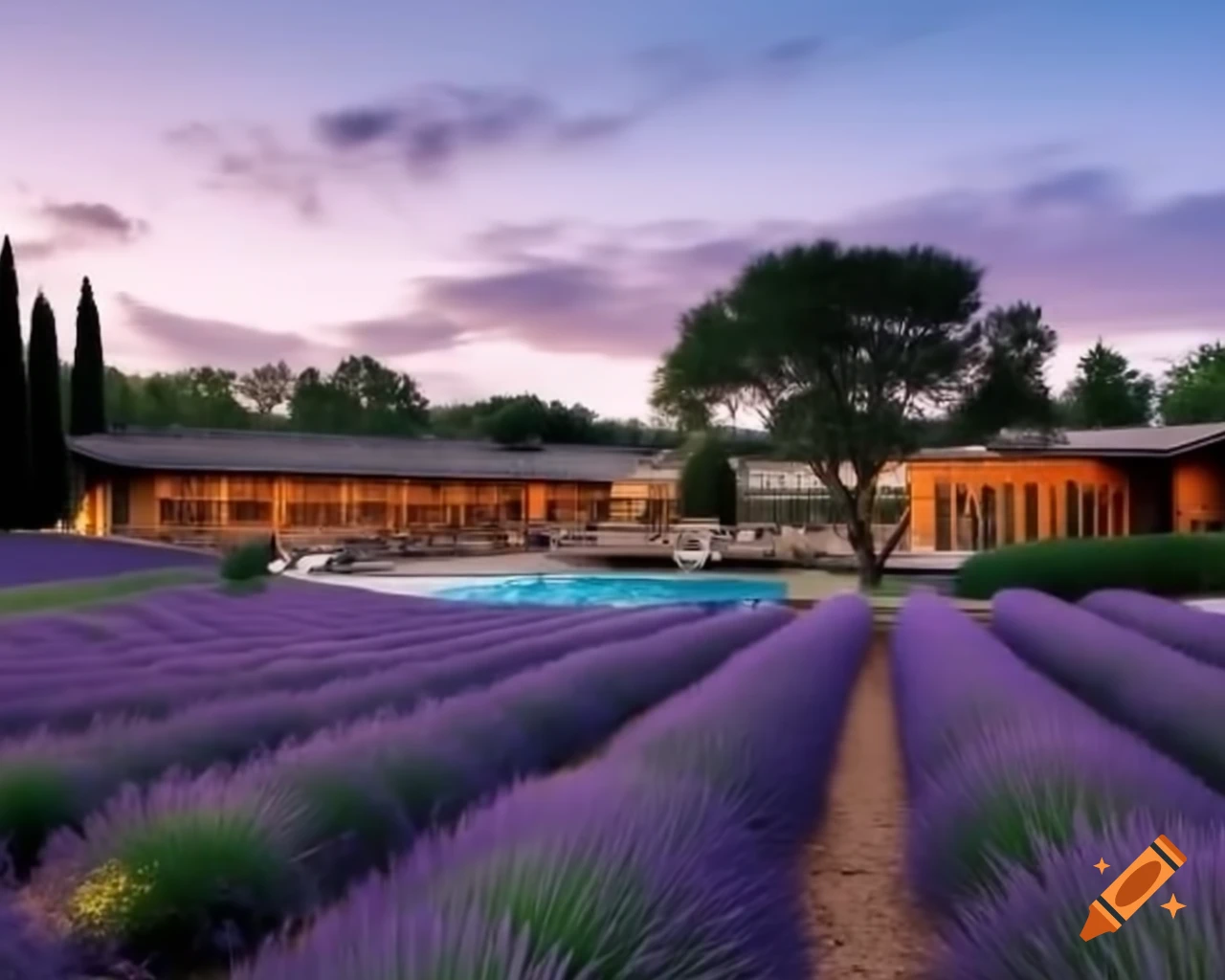 Lavender field with restaurant and tranquil facilities like pool and pond on Craiyon