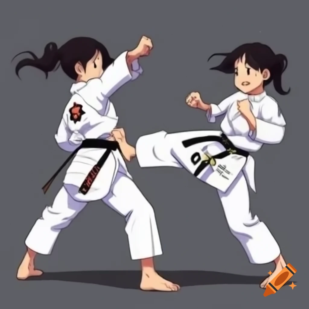 Anime karate girls engaging in a dynamic kick combat scene on Craiyon