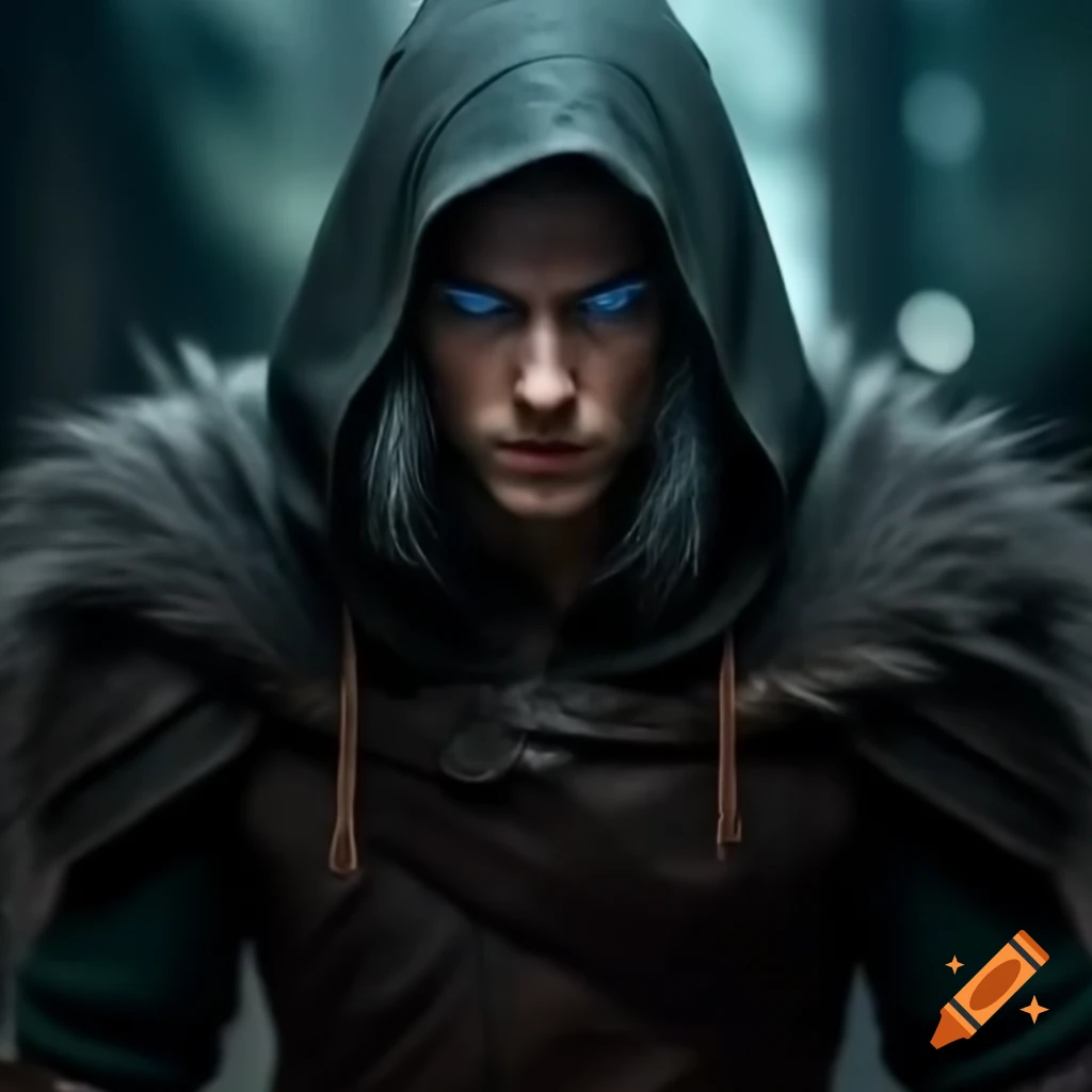 Male Elf Ranger in hooded cloak with blue eyes in attack stance on Craiyon