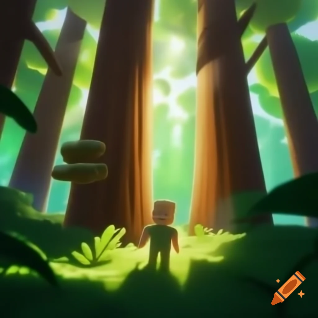 Roblox figure in a lush forest with sunlight filtering through leaves ...