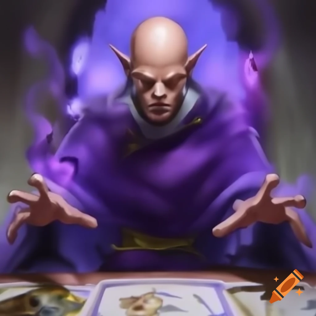Frail bald figure in purple Jojo pose with psychic powers and tarot ...