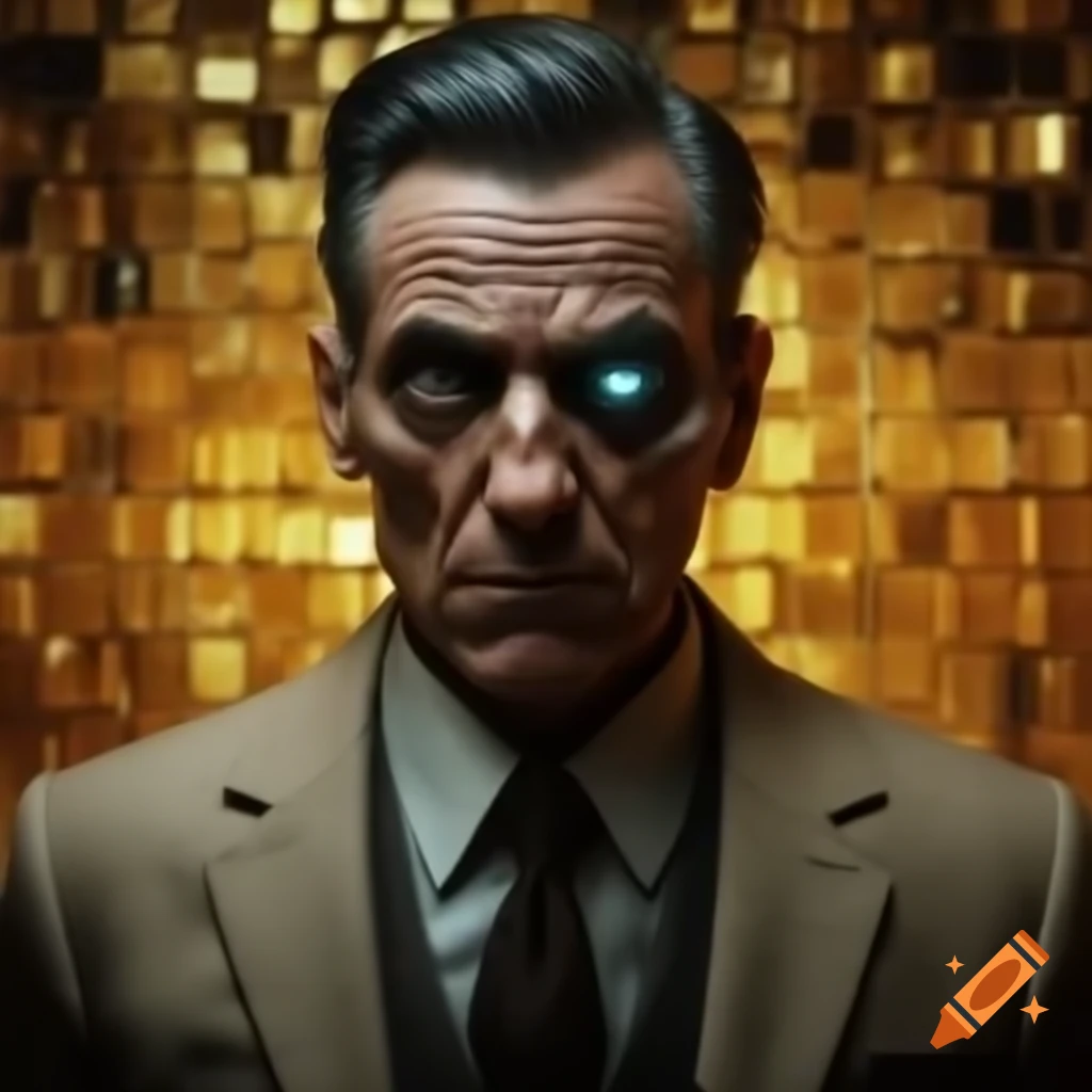 Nervous cyberpunk salesman in rumpled beige suit on Craiyon