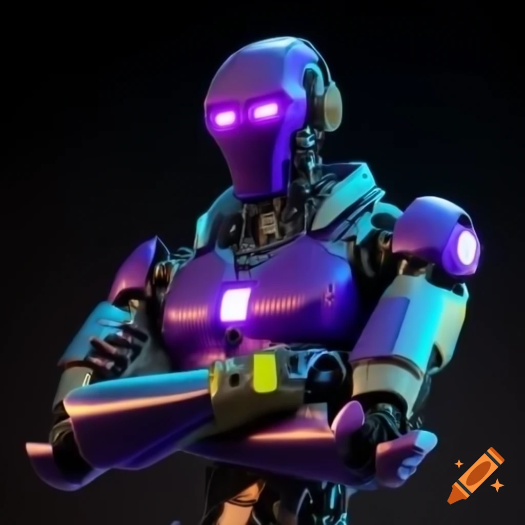 Cyberpunk robot with light purple metallic surface and glowing neon ...