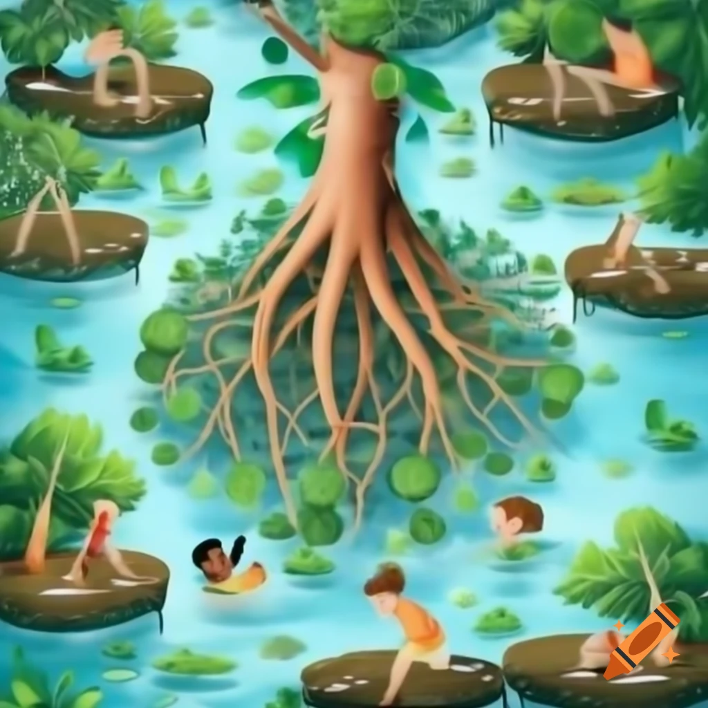 Vibrant mural of mangrove root systems with people and children ...