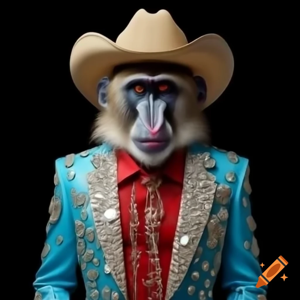 Baboon performing country music in rhinestone suit and cowboy hat on ...
