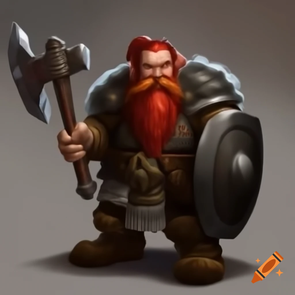 Fantasy dwarven warrior with battleaxe and shield, red beard, green ...