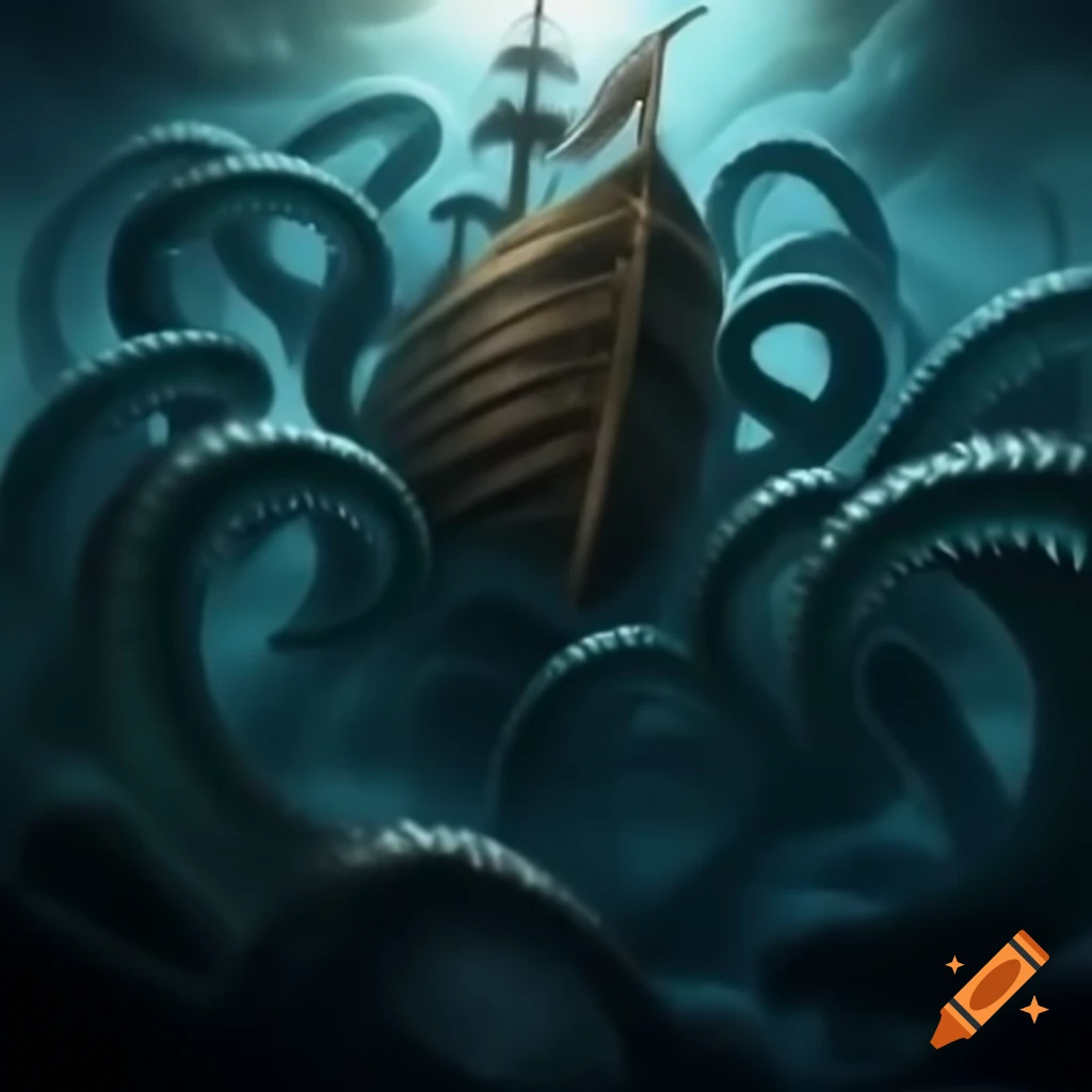 Dark fantasy art of pirate ship being attacked by gigantic sea monster ...