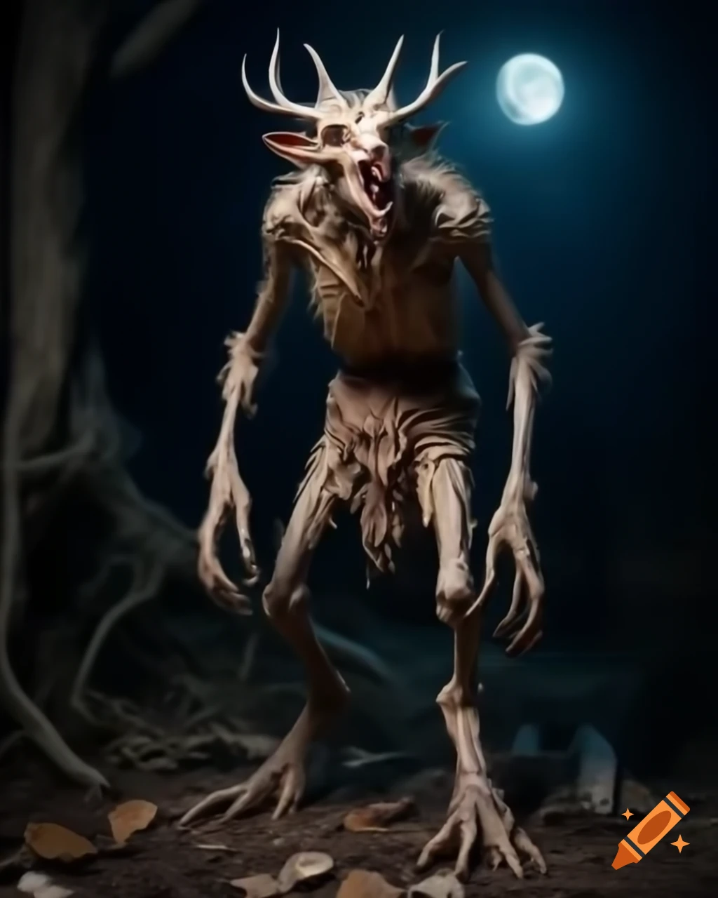 Wendigo creature standing in moonlit forest with nightshined wood on Craiyon