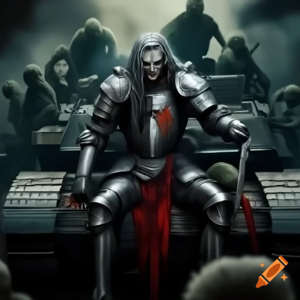 Knight in silver armor with jester makeup riding a tank surrounded by ...