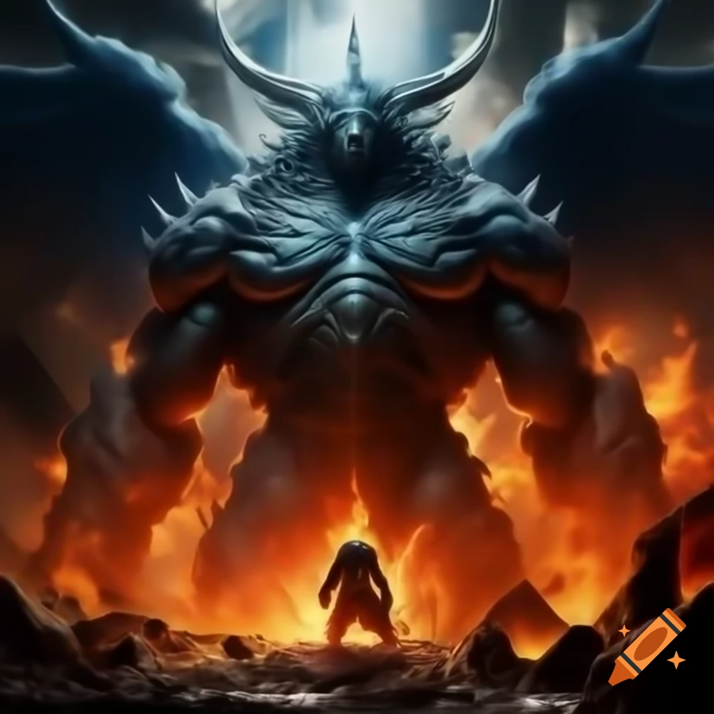 Titan with molten rock skin and glowing eyes, embodying power and wrath ...