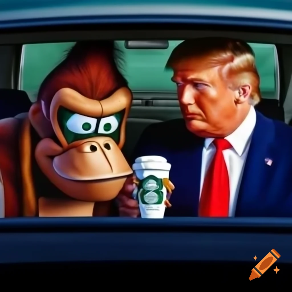Candid photograph of Donkey Kong and Donald Trump drinking Starbucks ...