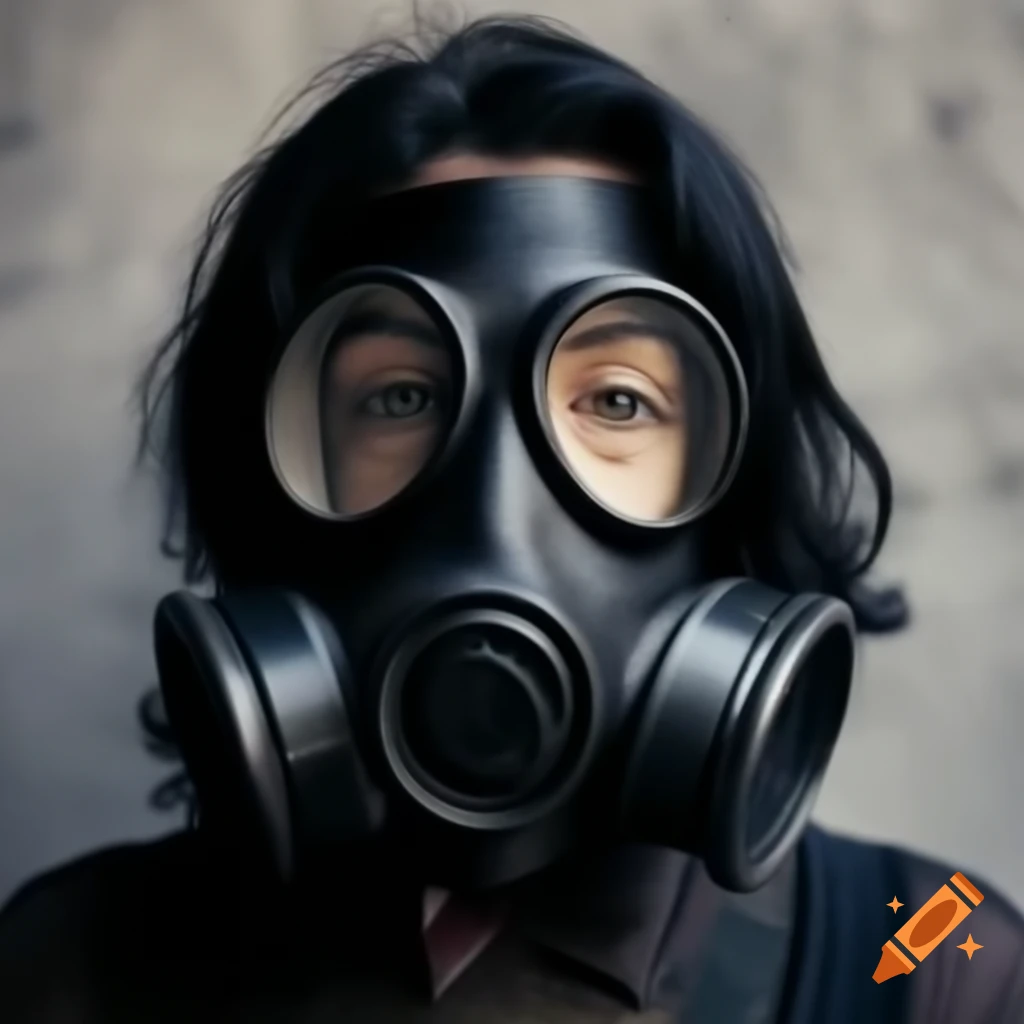Vintage model with black hair wearing a black gas mask on Craiyon
