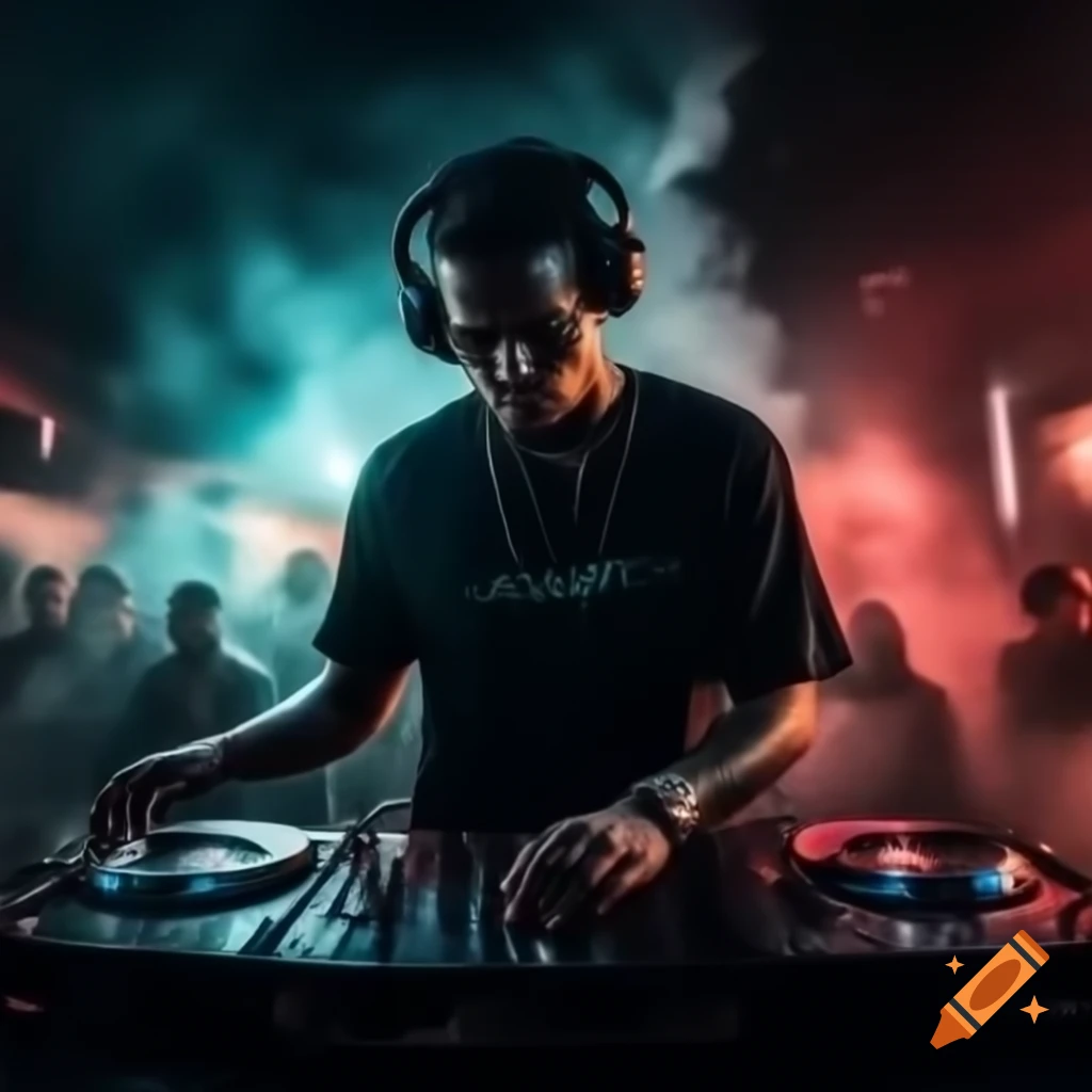 Atmospheric portrait of DJ wearing headphones with smoke and colorful ...
