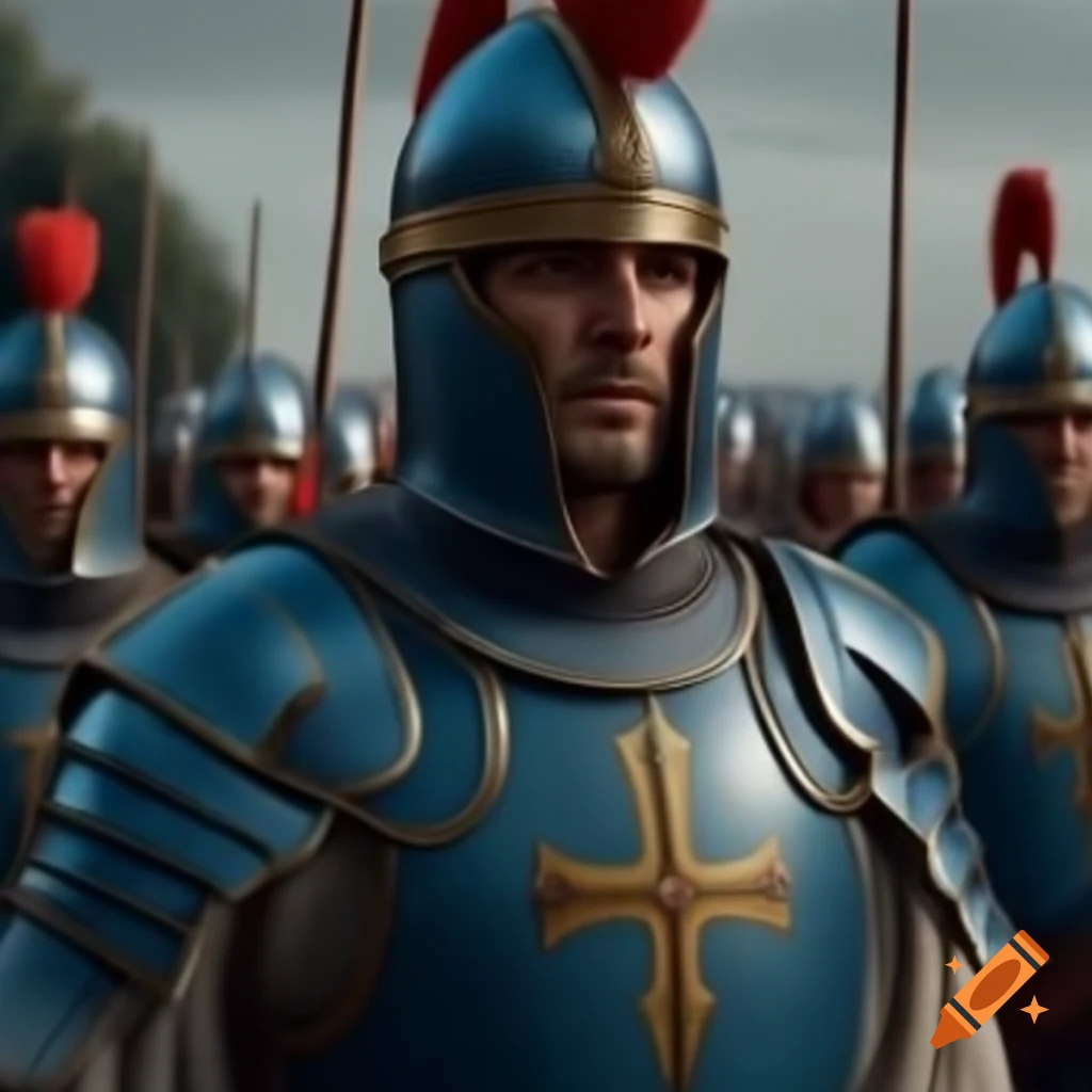 Medieval army of knights in blue, yellow, and white armor in front of ...