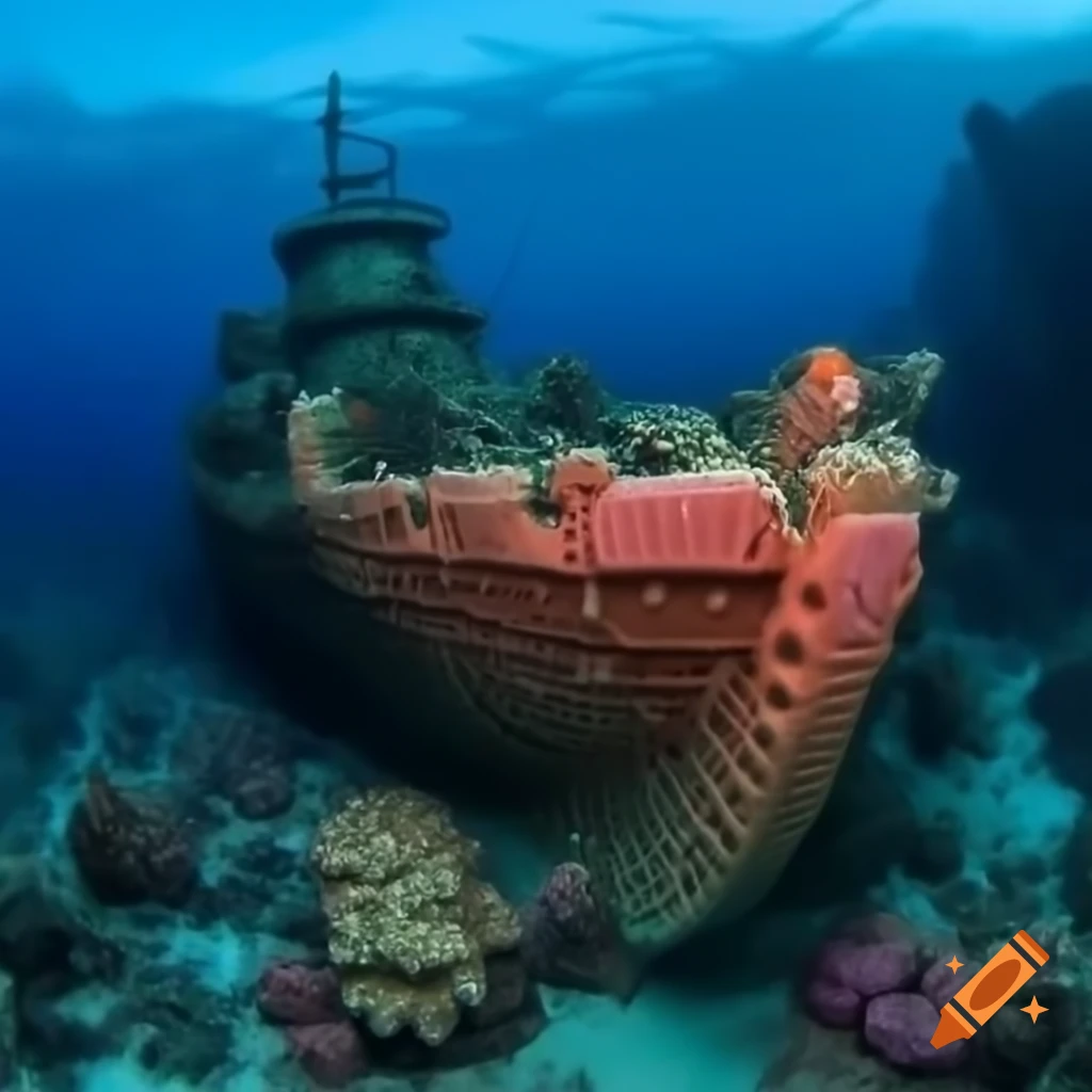 Sunken ship transformed into coral reef with vibrant marine life on Craiyon
